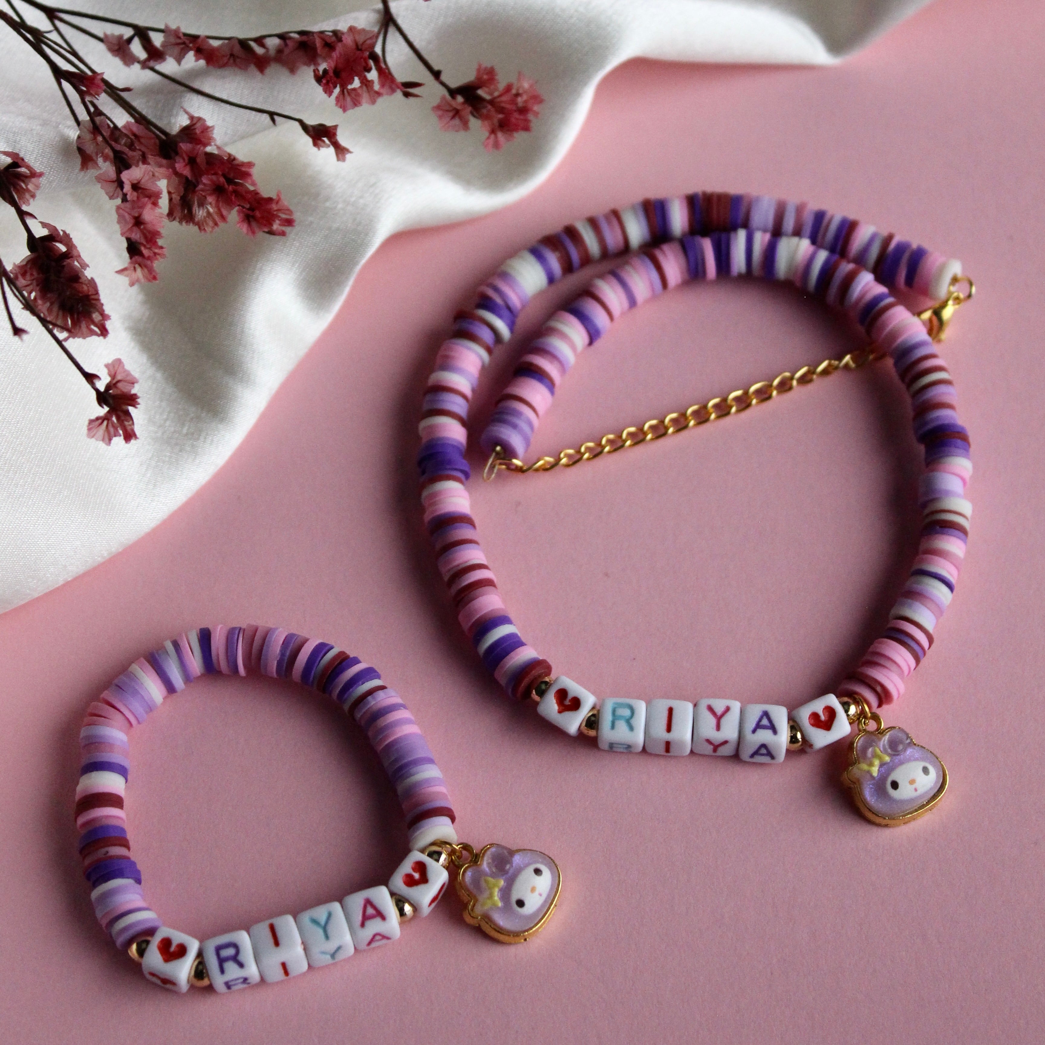 Kids Purple Fimo Square Personalised Necklace & Bracelet – Minnie's Store